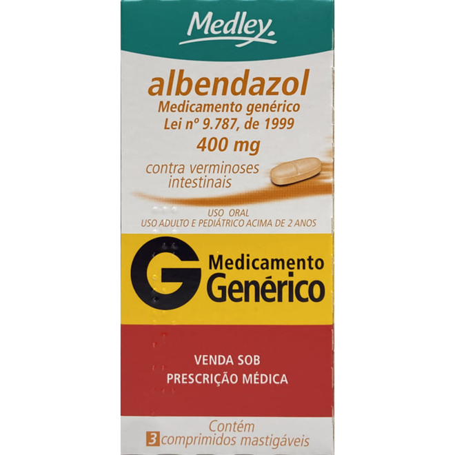 ALBENDAZOL 400MG 3 COMPRIMIDOS MASTIGÁVEIS MEDLEY - MEDLEY INDUSTRIA FAR