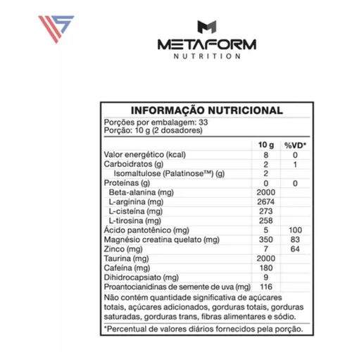 PRÉ TREINO ARSENAL METAFORM LIMÃO COM MORANGO 330G - PROFIT LABORATORIOS
