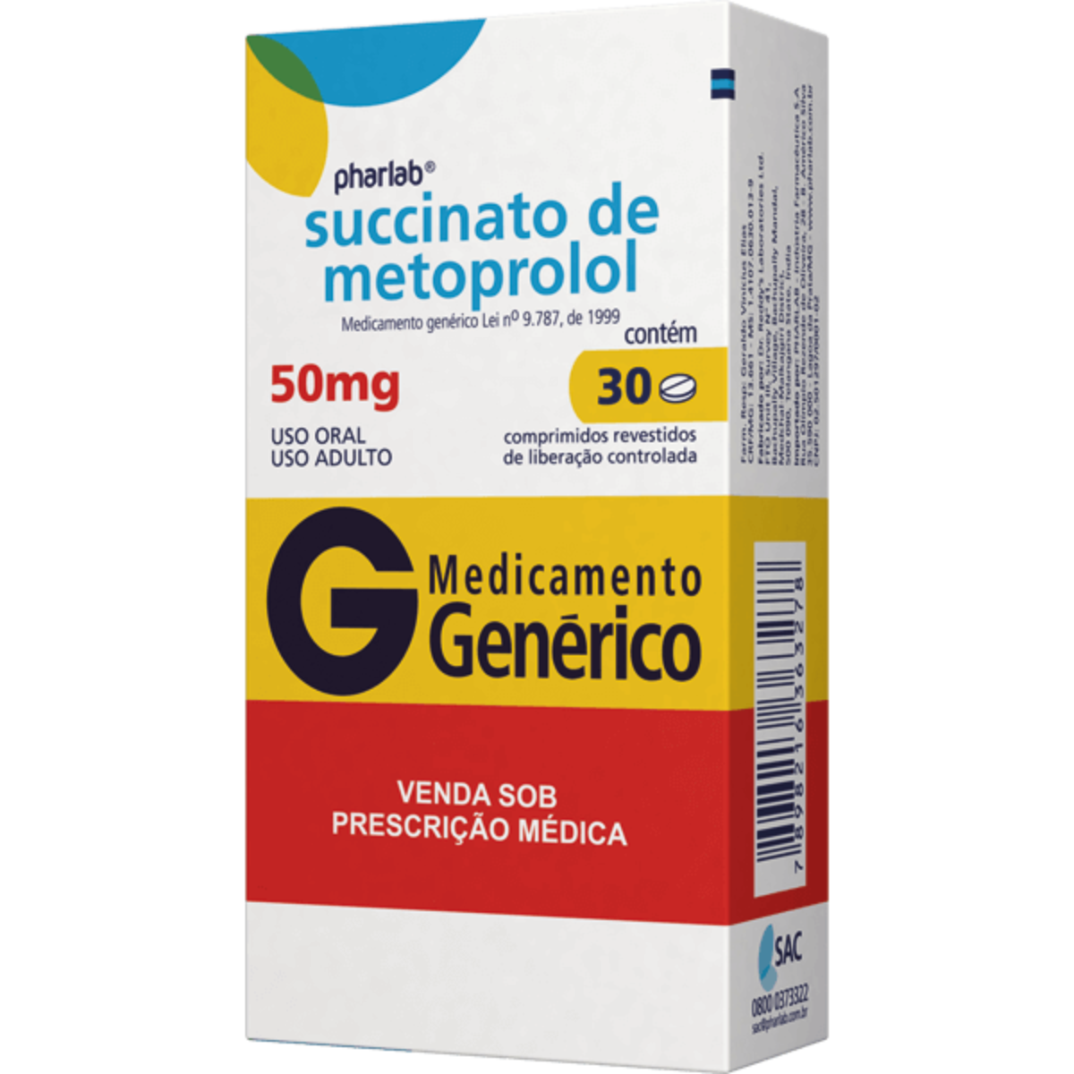 SUCCINATO DE METOPROLOL 50MG C/30 COMPRIMIDOS PHARLAB - PHARLAB