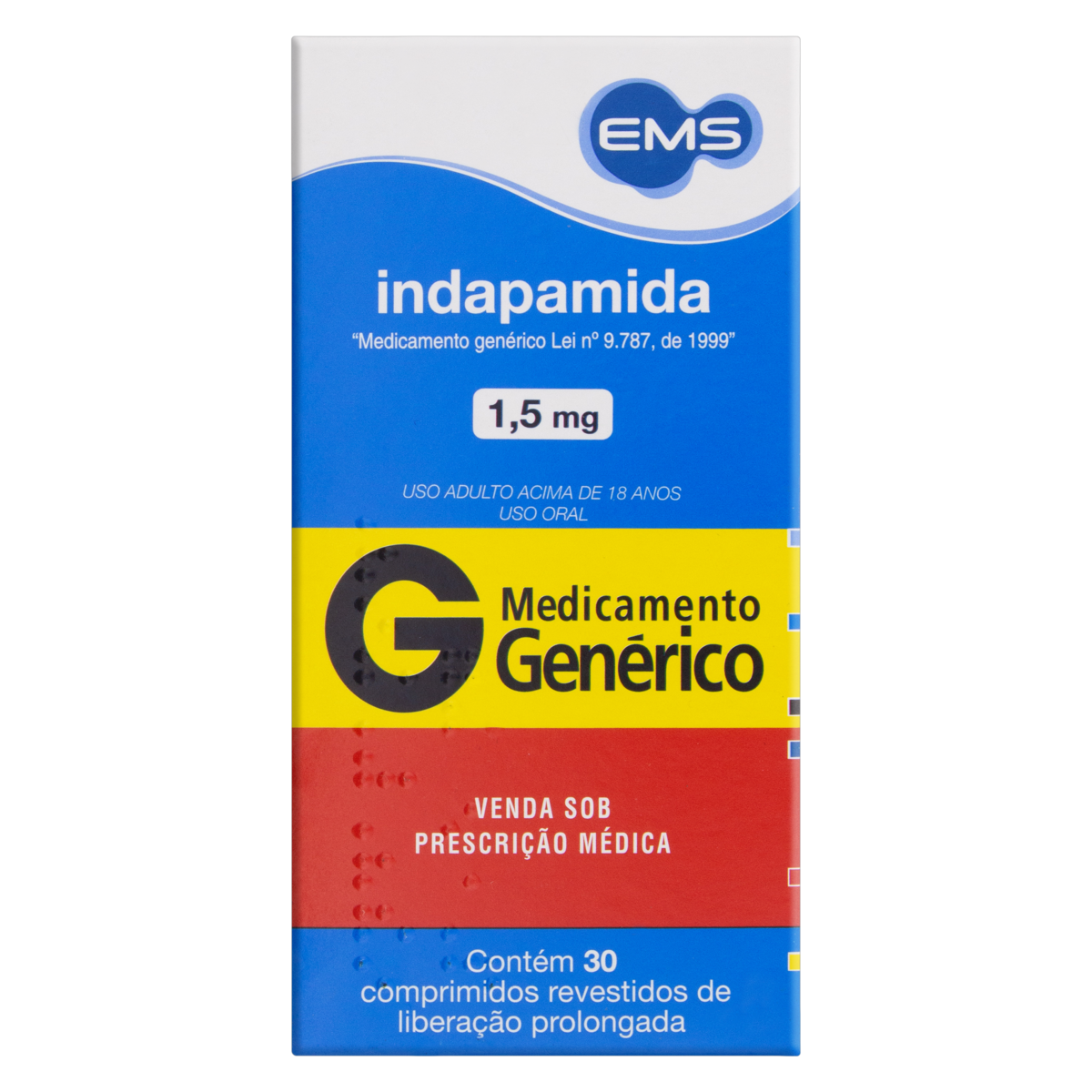 INDAPAMIDA 1,5MG C/30 CCOMPRIMIDOS REVESTIDOS EMS - EMS S/A GENERICOS