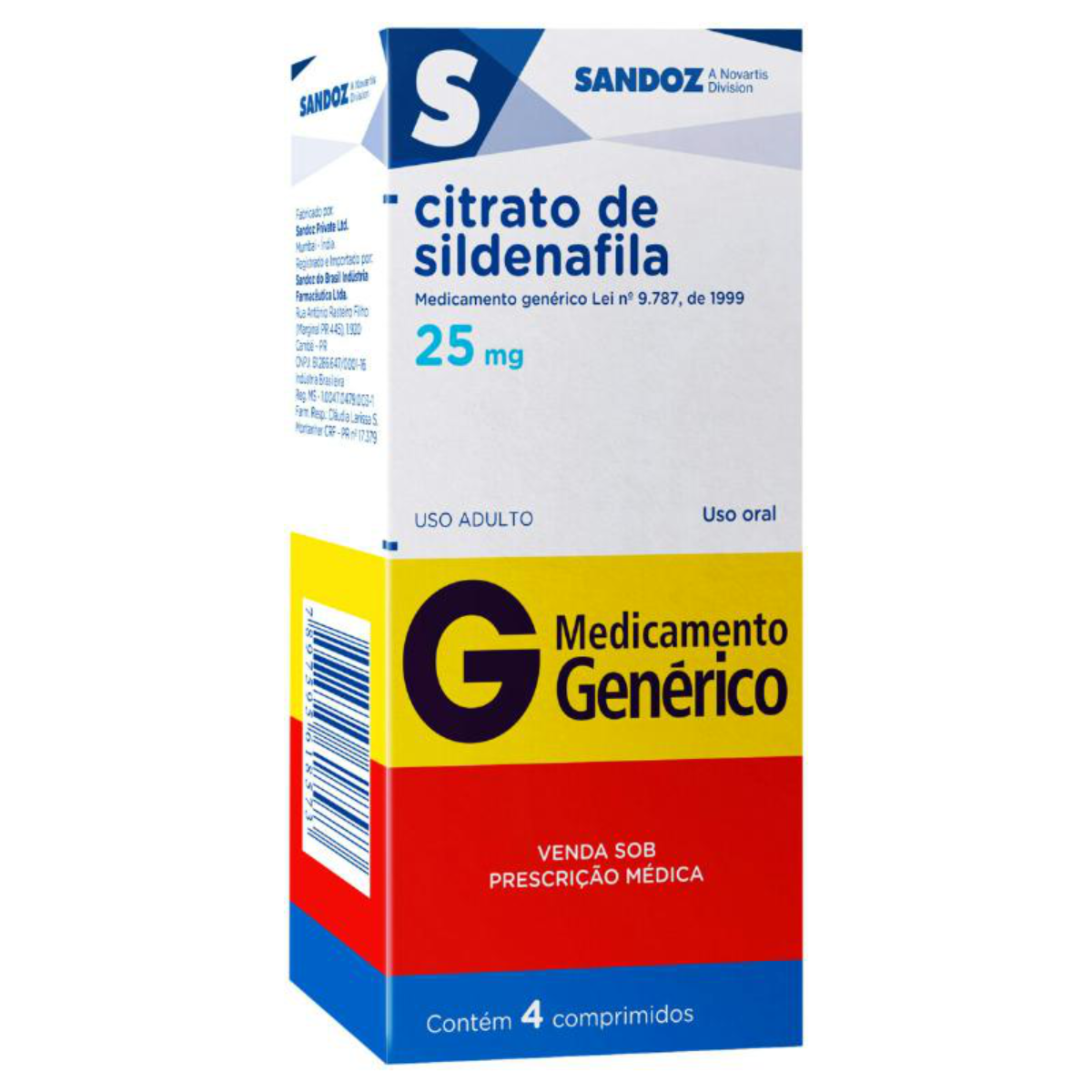 CITRATO DE SILDENAFILA 25MG C/4 COMPRIMIDOS SANDOZ - SANDOZ